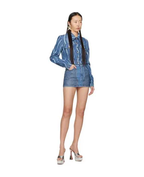 AREA Embellished Denim Mini Skirt