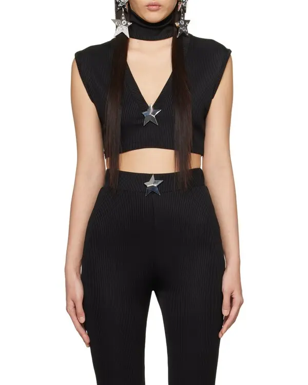AREA Star Stud Rib-knit Crop Top