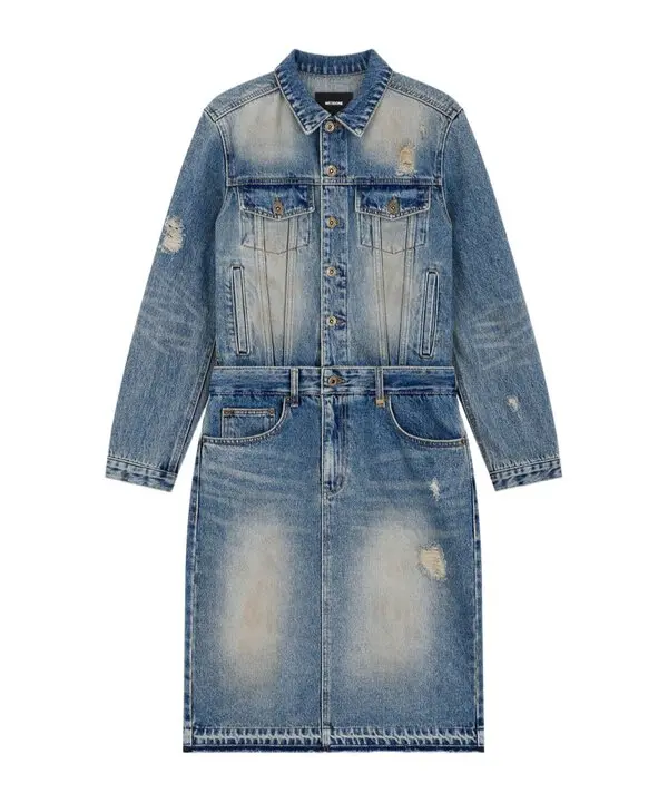 We11Done Distressed Denim Long-sleeve Dress With Multi-pocket Design