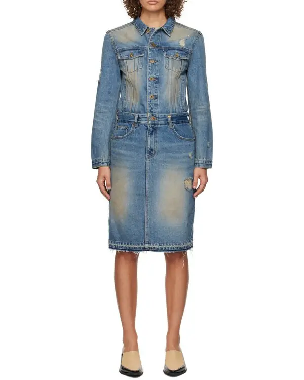 We11Done Distressed Denim Long-sleeve Dress With Multi-pocket Design