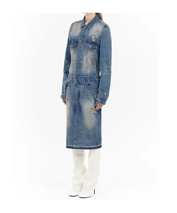 We11Done Distressed Denim Long-sleeve Dress With Multi-pocket Design