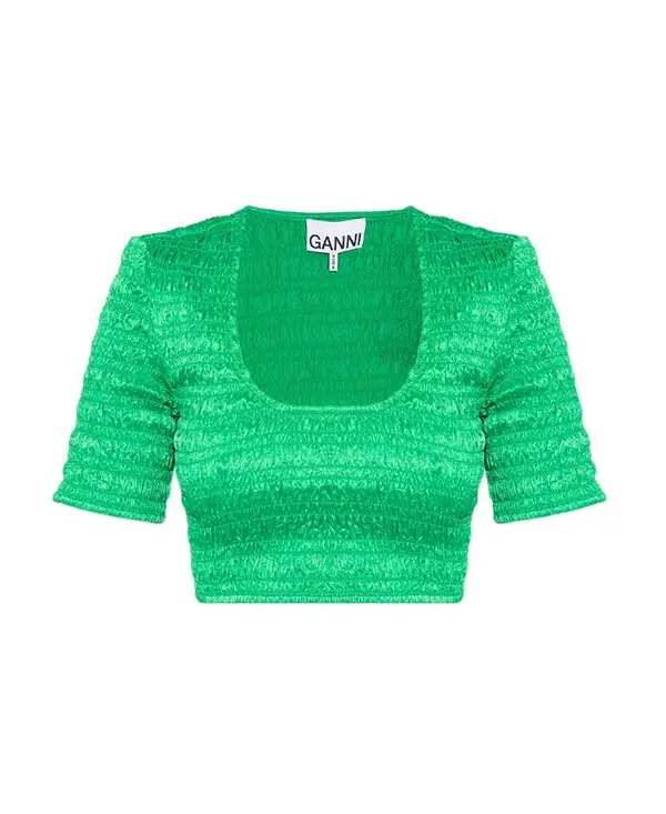 GANNI U-neck Cropped Smocked Top