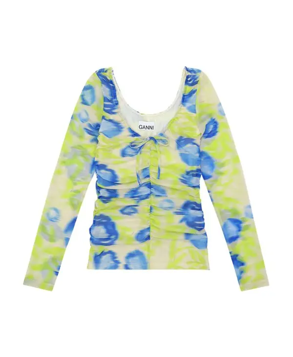 GANNI Mesh Ruched Floral Long Sleeve Top - Multicolor
