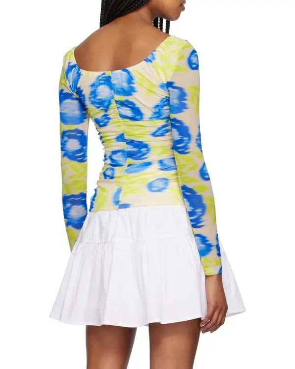 GANNI Mesh Ruched Floral Long Sleeve Top - Multicolor
