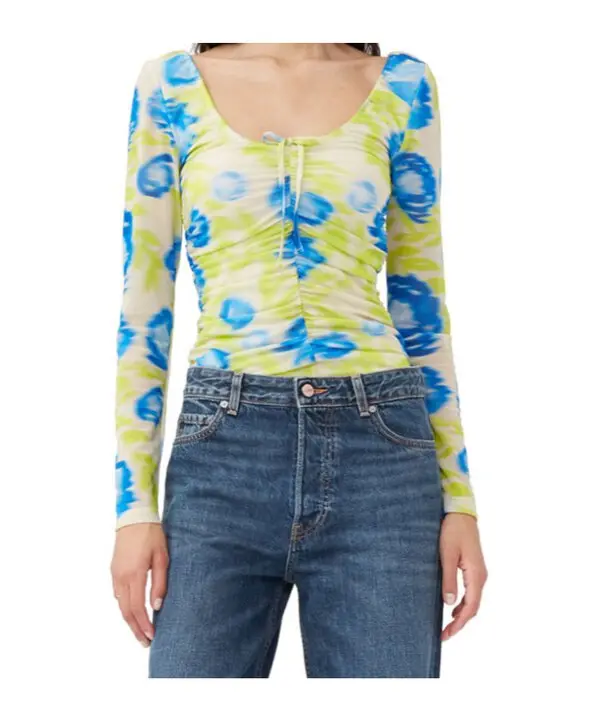 GANNI Mesh Ruched Floral Long Sleeve Top - Multicolor