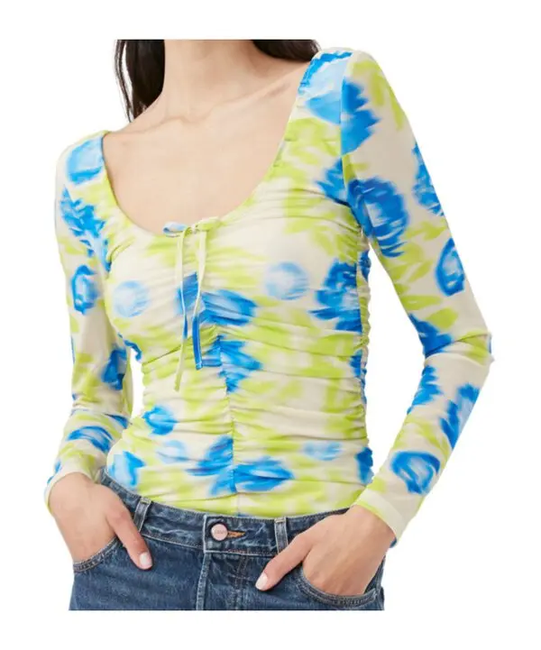 GANNI Mesh Ruched Floral Long Sleeve Top - Multicolor
