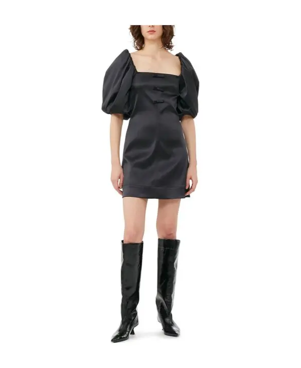 GANNI Bow Detailed Square Neck Mini Dress