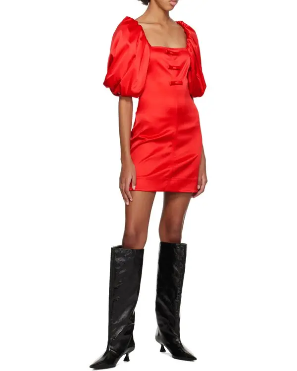 GANNI Satin Mini Dress With Bubble Sleeves And Bow Details