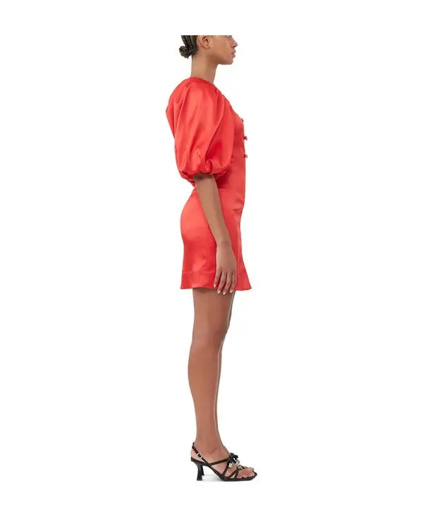 GANNI Satin Mini Dress With Bubble Sleeves And Bow Details