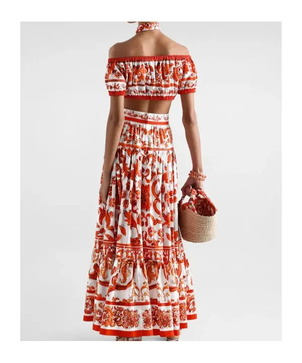 Dolce & Gabbana Majolica-printed Poplin Off-the-shoulder Top - Red