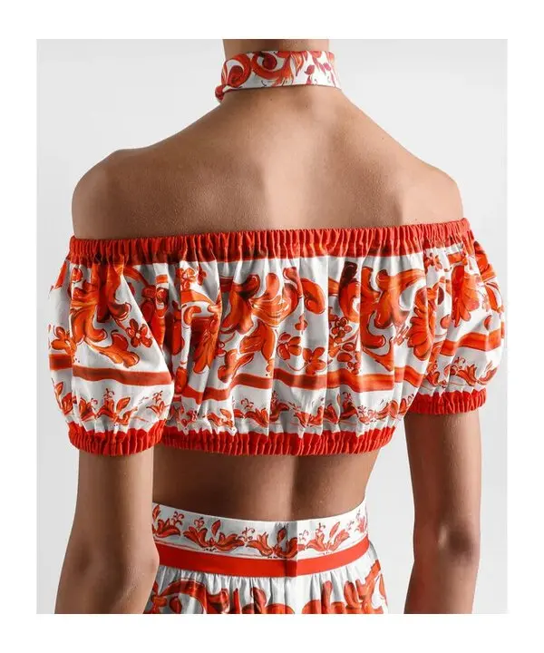 Dolce & Gabbana Majolica-printed Poplin Off-the-shoulder Top - Red