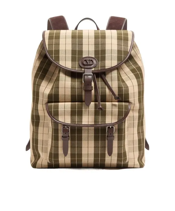 Valentino Garavani Antibes Backpack In Check Fabric - Green/beige