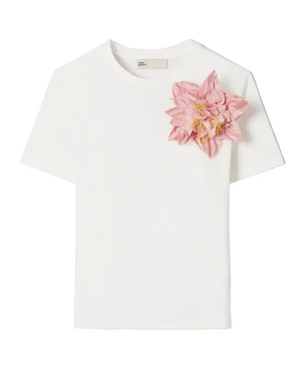 Tory Burch Floral Applique Crewneck T-shirt - Snowflake White/light Pink