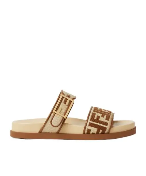 Fendi Raffia-effect Flat Slides With Ff Buckle - Beige