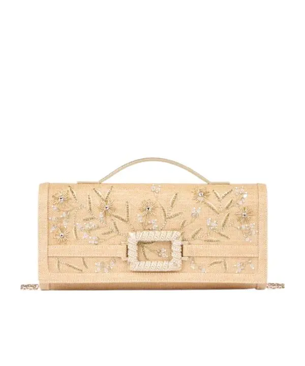 ROGER VIVIER Belle Vivier Clutch In Canvas - Gold, Beige