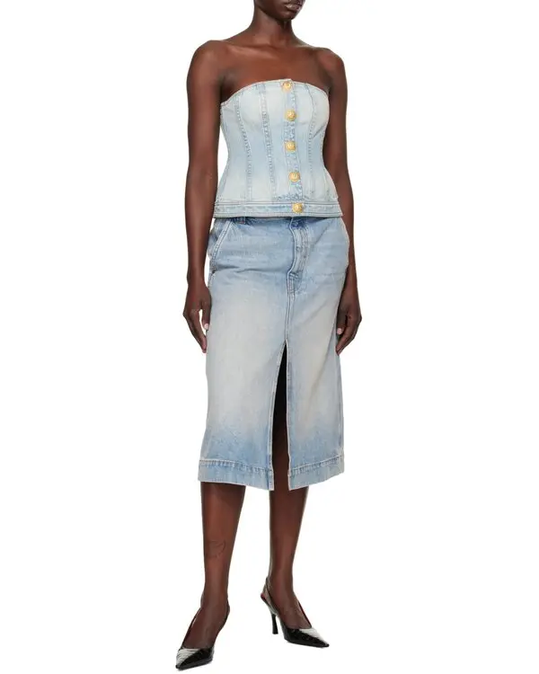 Balmain Buttoned Light Denim Corset Top
