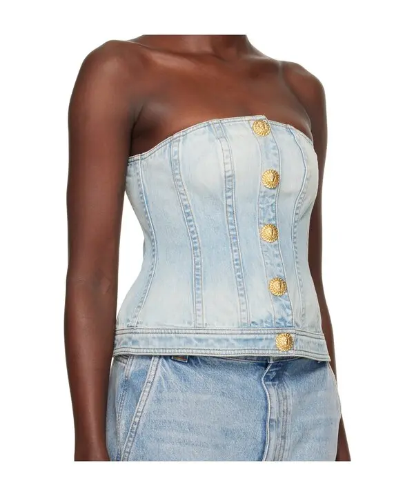 Balmain Buttoned Light Denim Corset Top