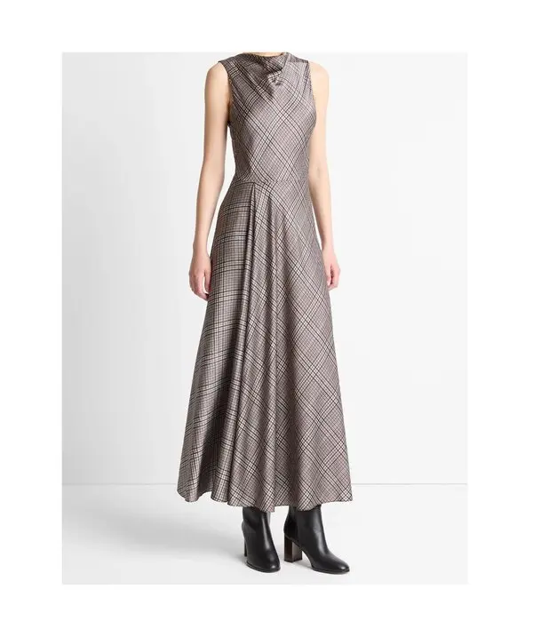 Vince Plaid Cowl-neck A-line Dress