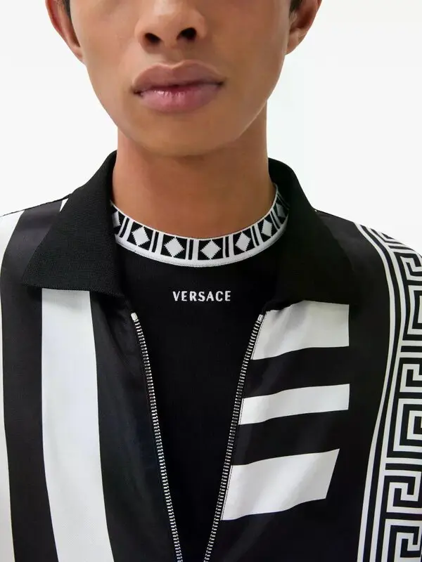 Versace Printed Silk Inserts Knit Zip Cardigan