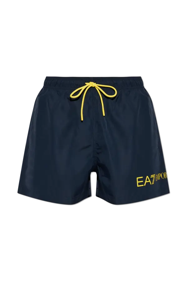 EA7 Navy Swim Shorts With Yellow Logo Detail - Navy Blue