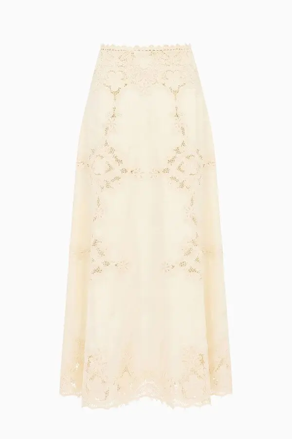 Ulla Johnson Fleur Linen Midi Skirt With Victorian-inspired Embroidery - Ivory