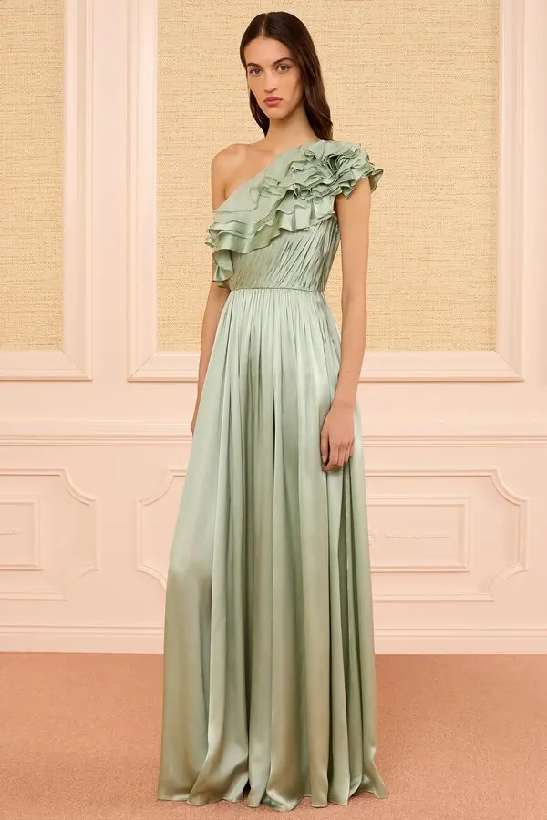 Ulla Johnson Avalina Ruffled Silk One Shoulder Gown - Celadon