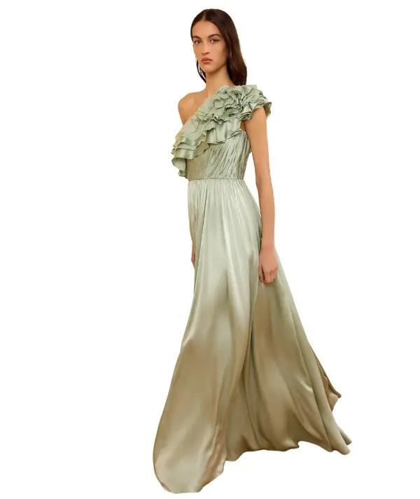 Ulla Johnson Avalina Ruffled Silk One Shoulder Gown - Celadon