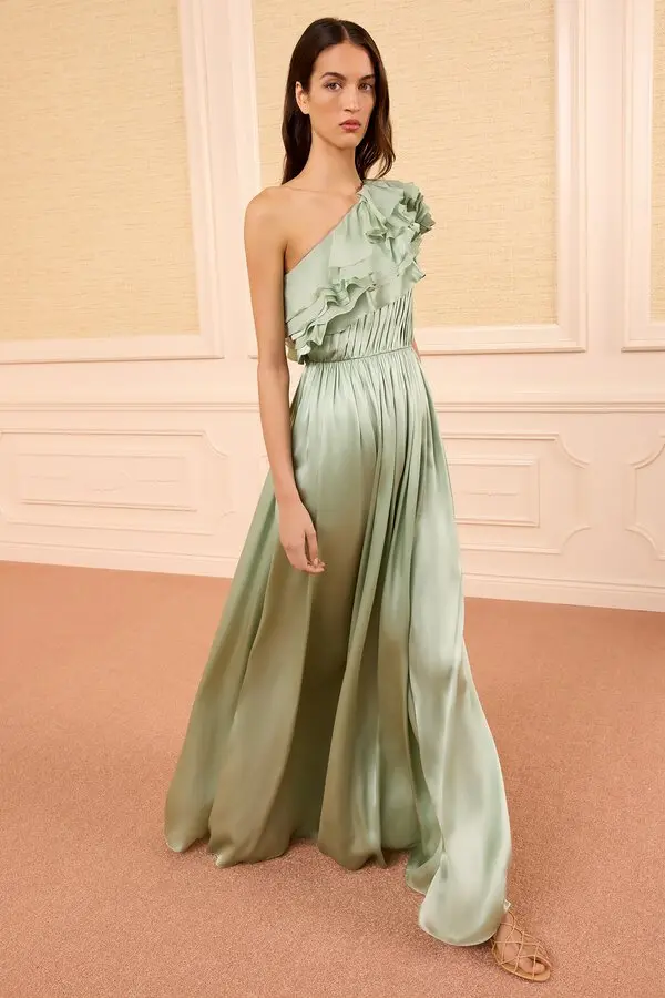 Ulla Johnson Avalina Ruffled Silk One Shoulder Gown - Celadon
