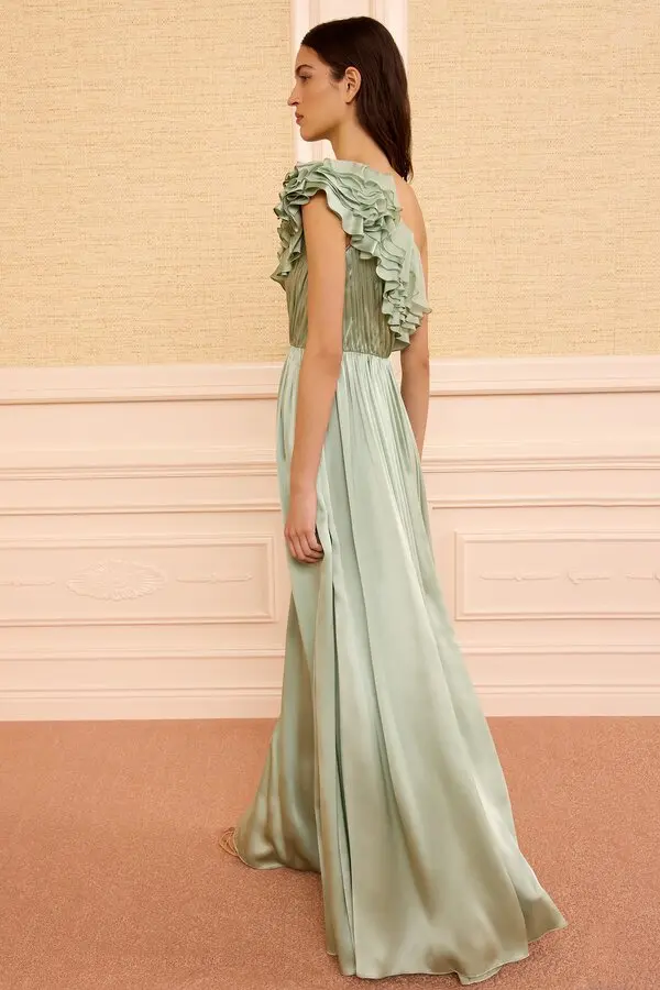 Ulla Johnson Avalina Ruffled Silk One Shoulder Gown - Celadon