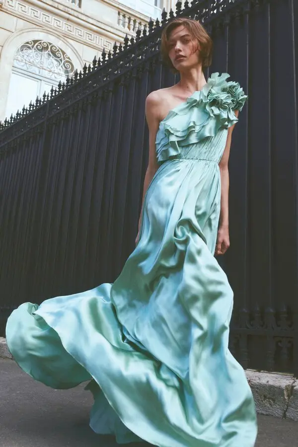 Ulla Johnson Avalina Ruffled Silk One Shoulder Gown - Celadon