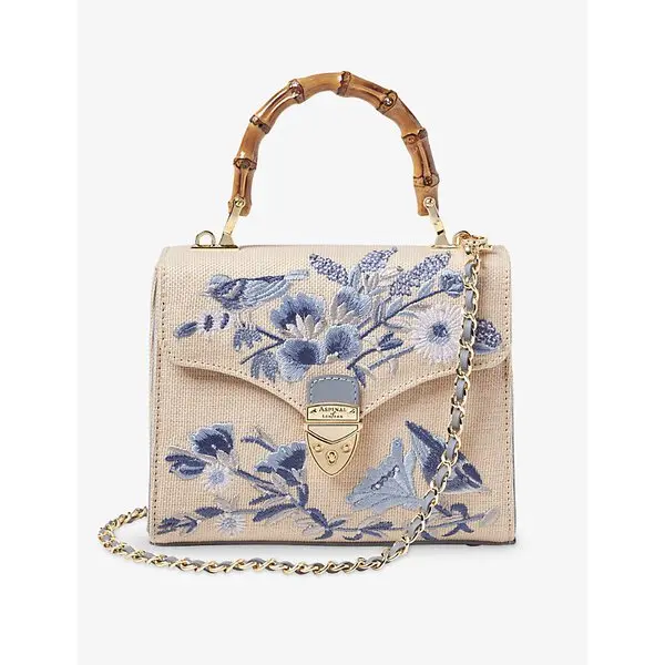 ASPINAL OF LONDON Mayfair Embroidered Raffia Midi Bag - Skyblue