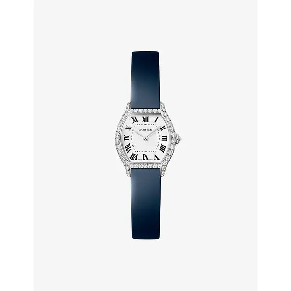 Cartier Tortue Mini Model 18ct White-gold, 0.04ct Brilliant-cut Diamond And Leather Strap Quartz Watch - White Gold