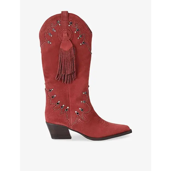 Kurt Geiger Suede Embellished Cowboy Boots - Wine