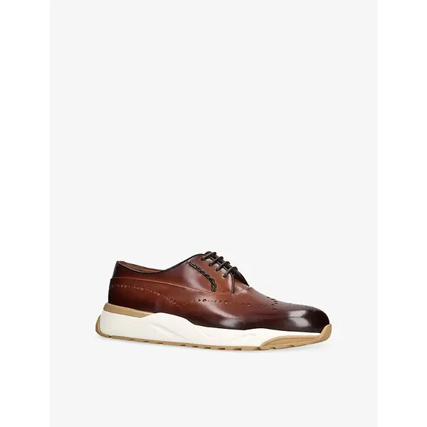 Santoni Leather Derby Trainers With Brogue Detailing And Lug Sole - Tan