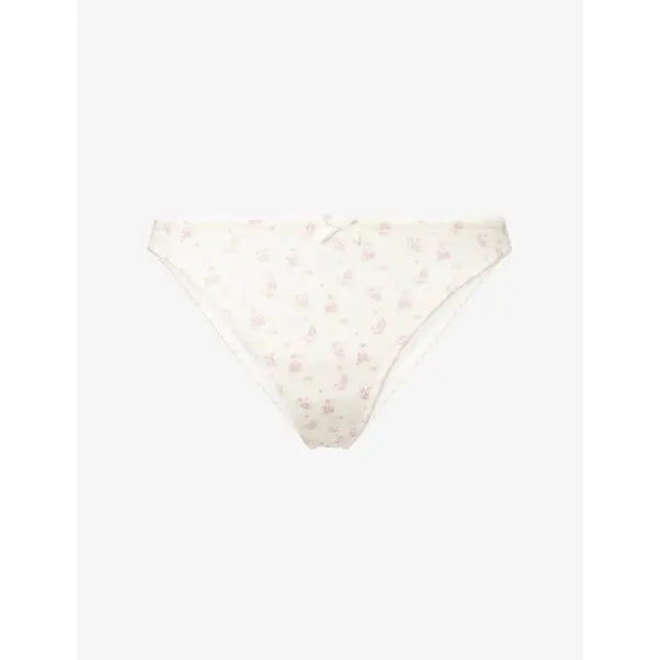 Lounge Floral-print Pointelle Stretch-cotton Thong - Ivory Print