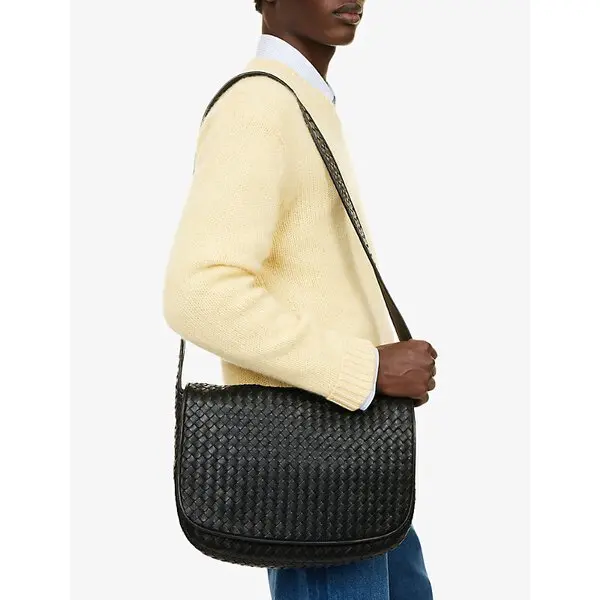 Bottega Veneta Large Woven Leather Messenger Bag - Black-silver