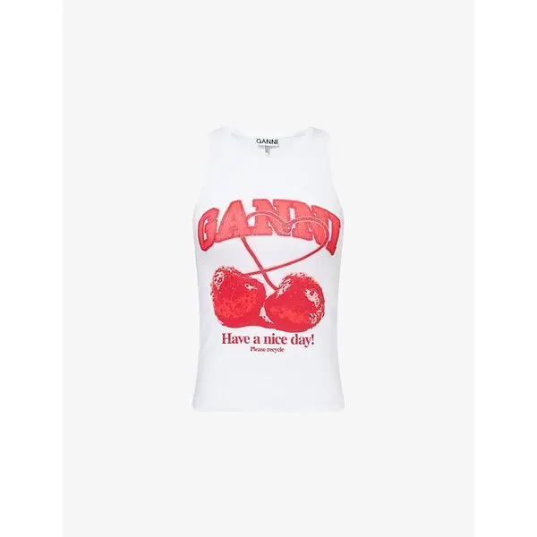 GANNI Cherry Logo-print Cotton-jersey Top - Bright White