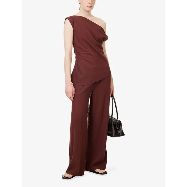 TALA Asymmetric Soft Linen-blend Top With Pleated Detailing - Deep Rust