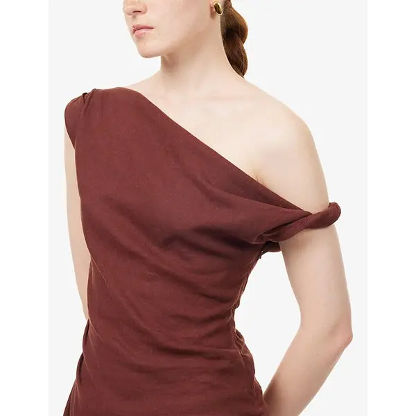 TALA Asymmetric Soft Linen-blend Top With Pleated Detailing - Deep Rust