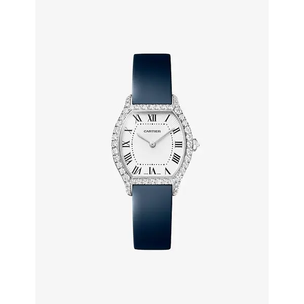 Cartier Tortue Small Model 18ct White-gold, 1.32ct Brilliant-cut Diamond And Leather Strap Quartz Watch - White Gold