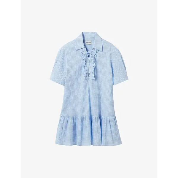 Claudie Pierlot Checked Cotton Mini Dress With Lace-up Detail