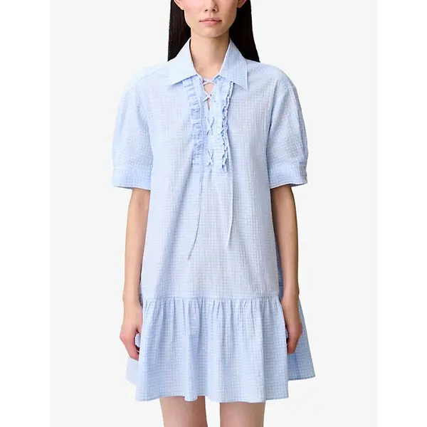 Claudie Pierlot Checked Cotton Mini Dress With Lace-up Detail