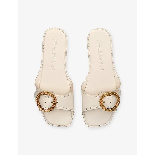 Zimmermann Solena Flat Leather Slides With Ornamental Buckle - Bone