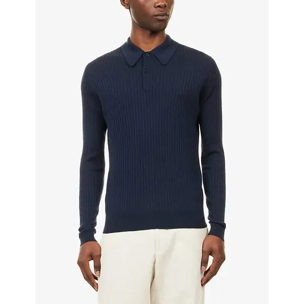 John Smedley Ribbed Merino-wool Long Sleeve Polo Jumper - Midnight