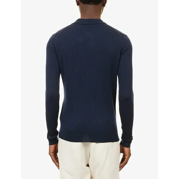 John Smedley Ribbed Merino-wool Long Sleeve Polo Jumper - Midnight