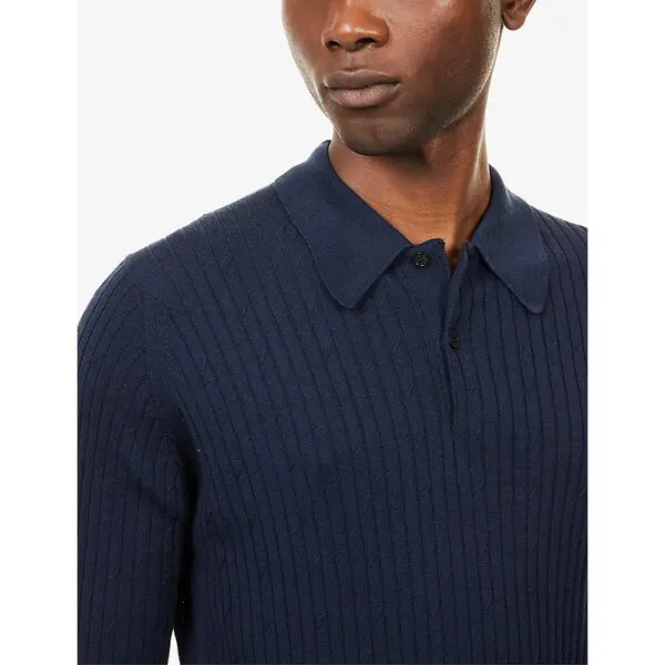 John Smedley Ribbed Merino-wool Long Sleeve Polo Jumper - Midnight