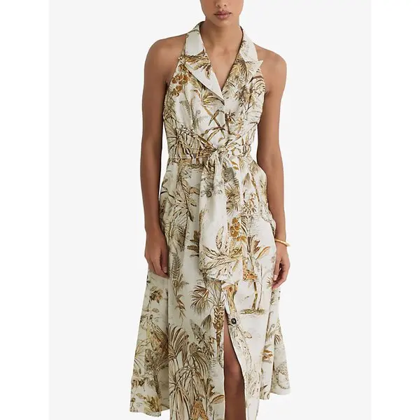 REISS Carla Palm-print Linen Midi Dress