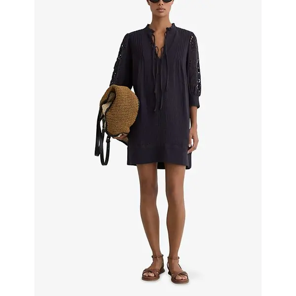 REISS Gia Cotton Cheesecloth Mini Dress - Navy