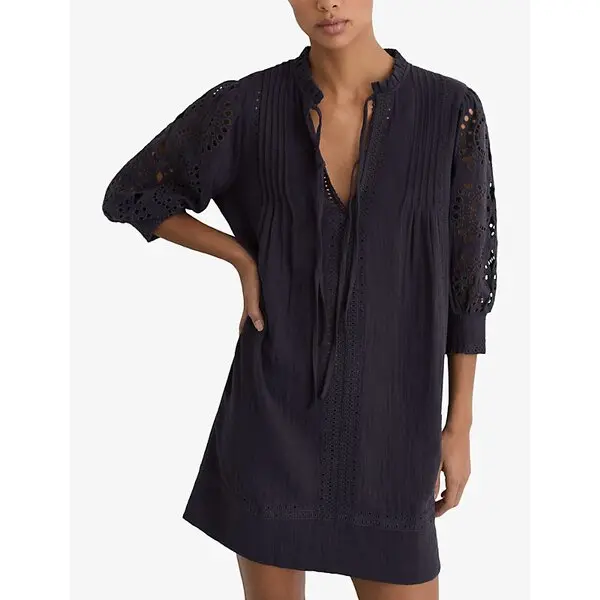 REISS Gia Cotton Cheesecloth Mini Dress - Navy