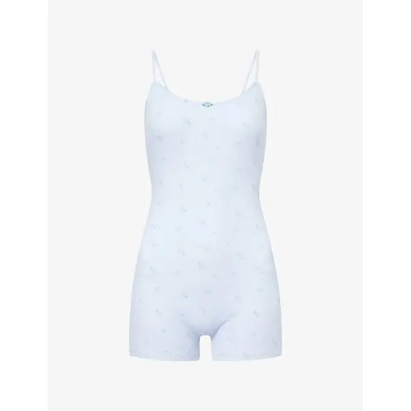 Lounge Ribbed Floral Cotton-jersey Sleep Romper - Blue